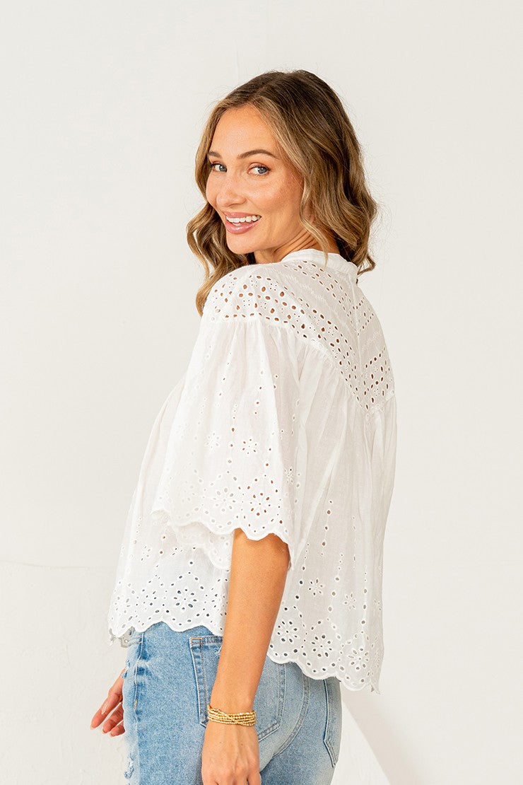 Falling For You Eyelet Half Button Top – Glamour Farms Boutique