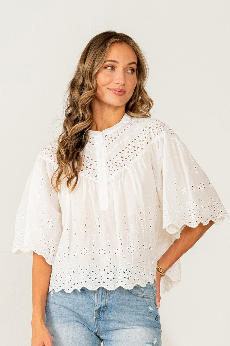 Falling For You Eyelet Half Button Top – Glamour Farms Boutique