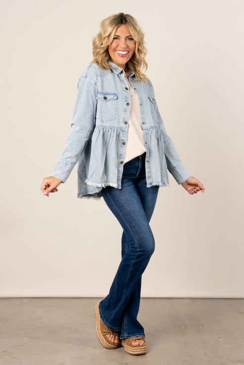 Washed Denim Peplum Shirt Jacket – Glamour Farms Boutique